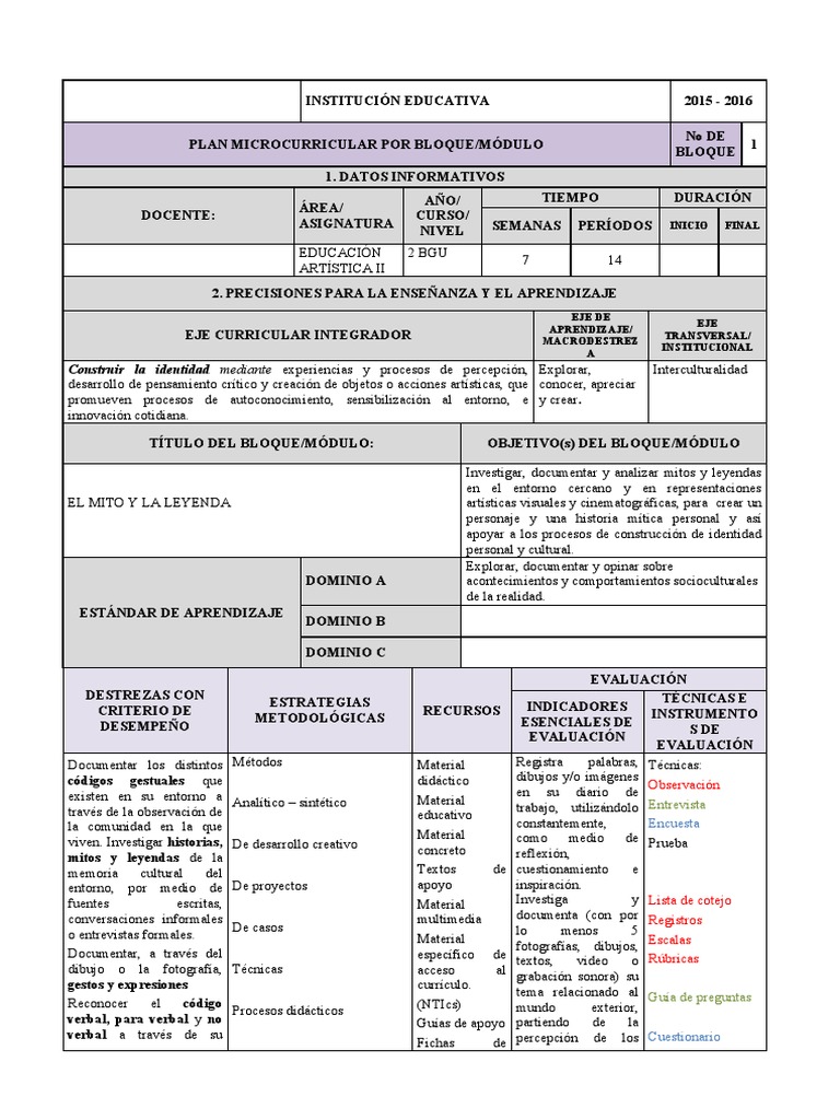 Plan de Bloque Educacion Artistica 2 | PDF | Evaluación | Aprendizaje