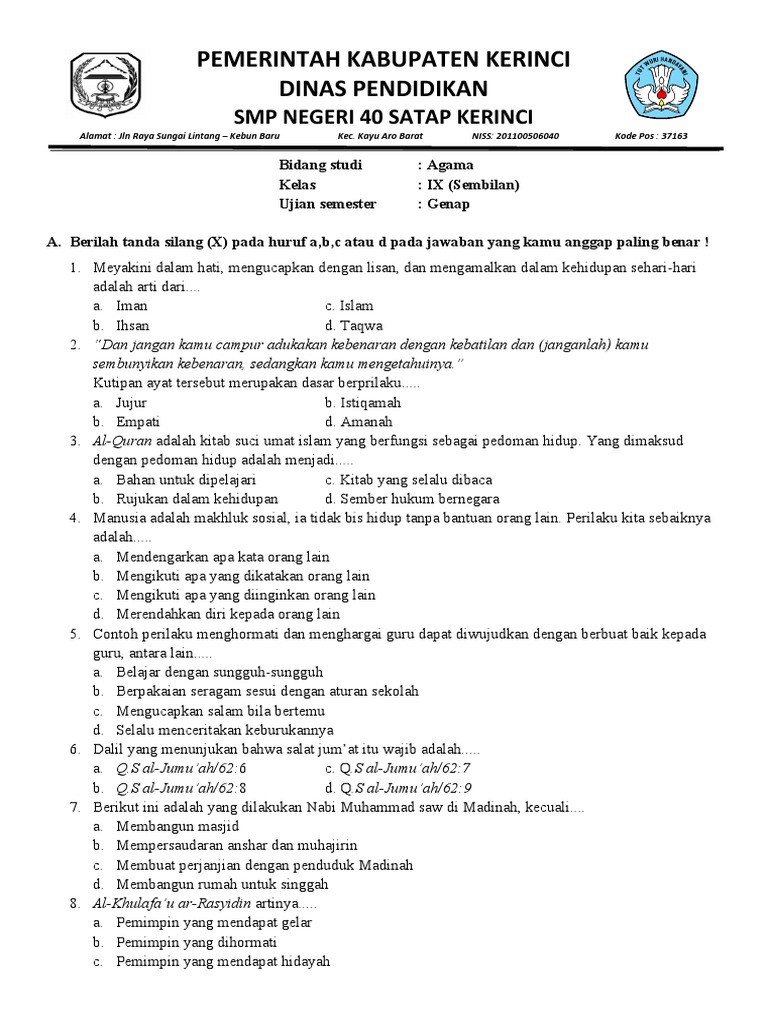 Soal PAI Ujian Sekolah Kelas IX | PDF