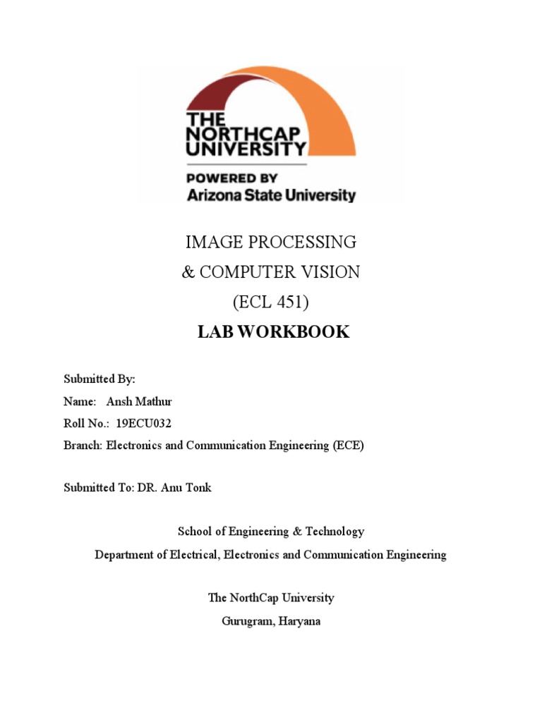 Image Processing & Computer Vision (ECL 451) Lab Workbook | PDF ...