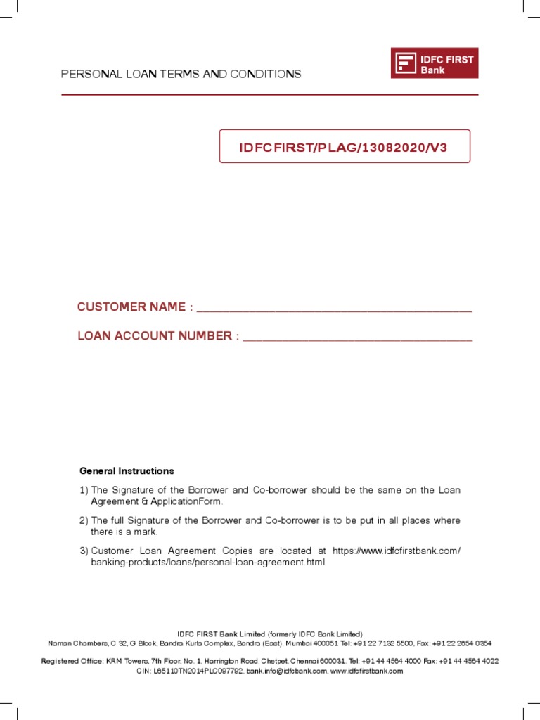 IDFC Personal Loan Agreement | PDF | Loans | Banks