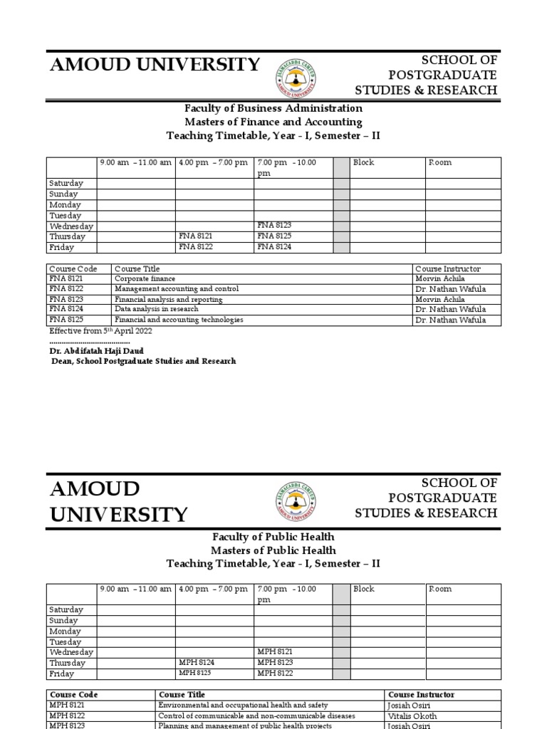 Amoud University Postgraduate Timetables | PDF | Academic Term | Public ...