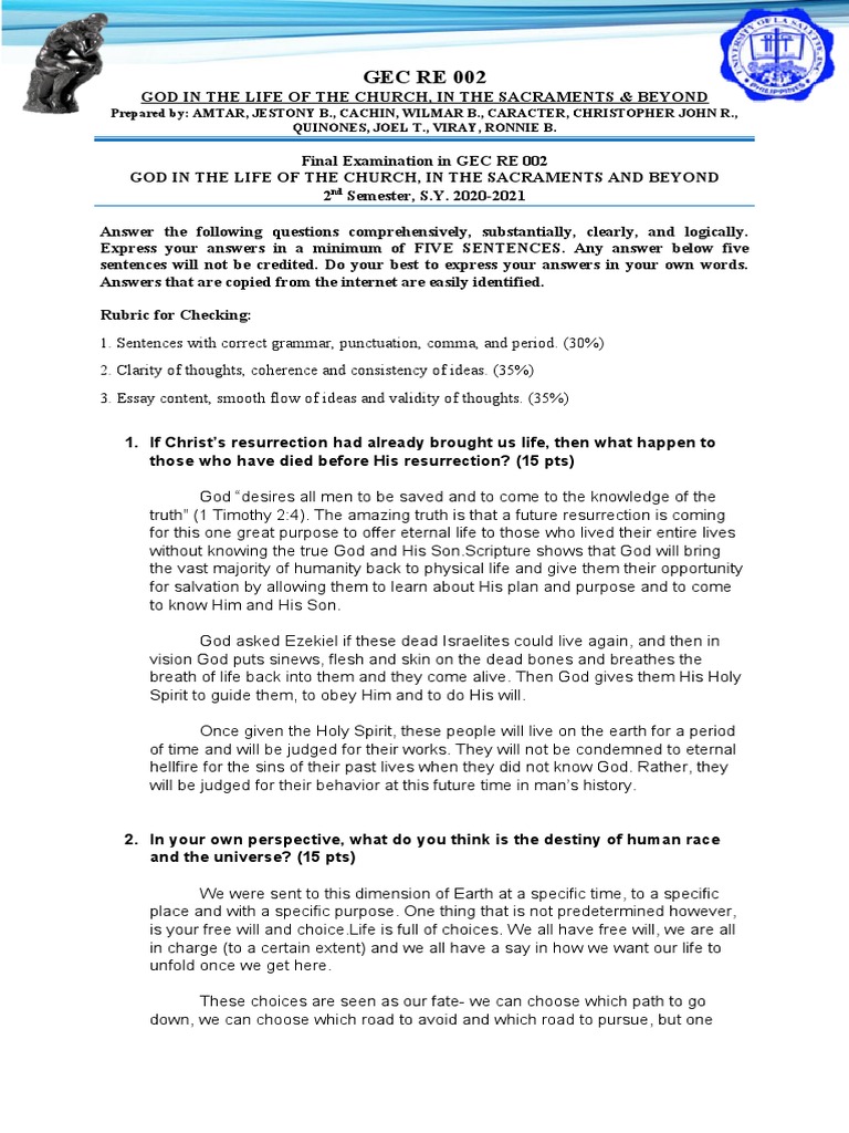 Final-Examination RE | PDF | Saint | Resurrection Of Jesus