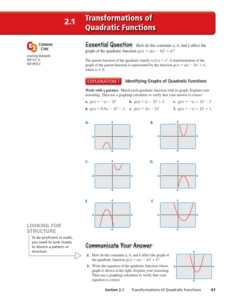 2.1 Transformations of Quadratic Functions: Essential Question | PDF ...