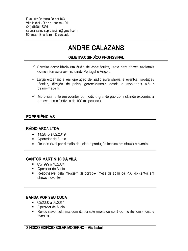 Curriculo Andre - Word para Sindico Atualizado | PDF