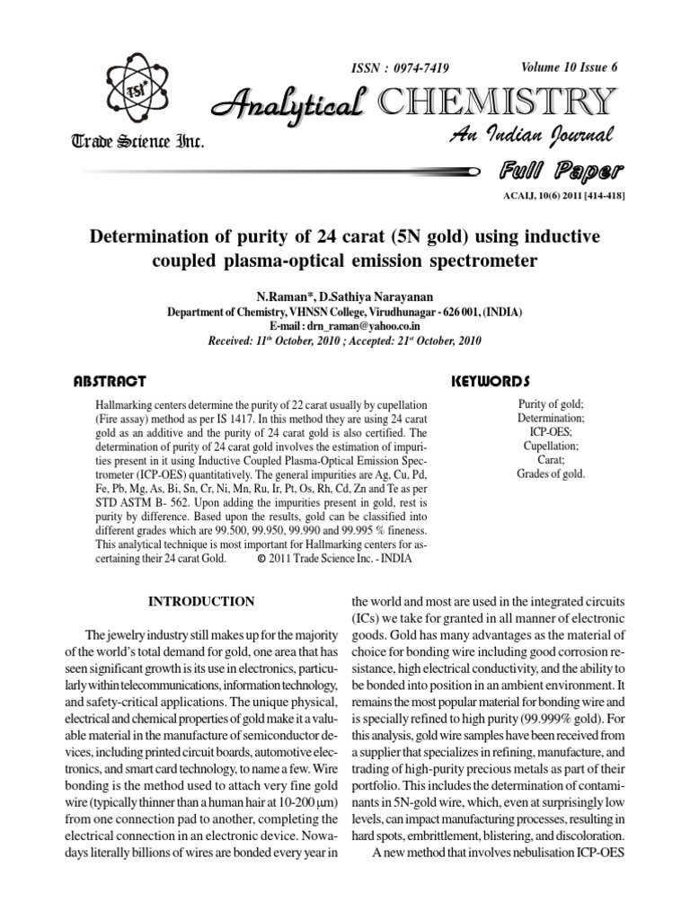 Determination of Purity of 24 Carat 5n Gold Using Inductive Coupled ...