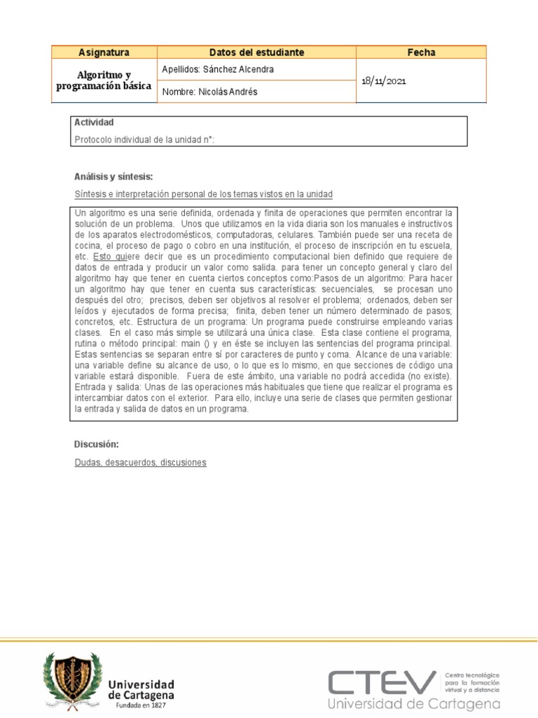 Protocolo Individual Algoritmo U1 | PDF | Algoritmos | Variable (informática)
