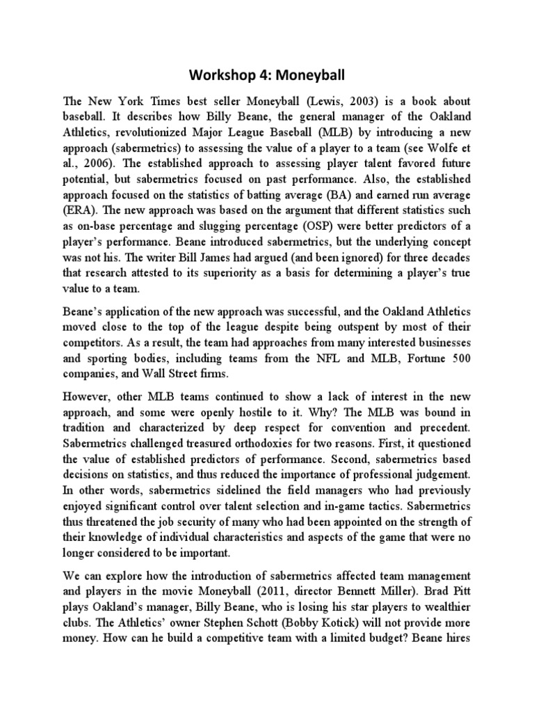 Workshop 4 - Moneyball Case Study | PDF | Career & Growth | Finance ...