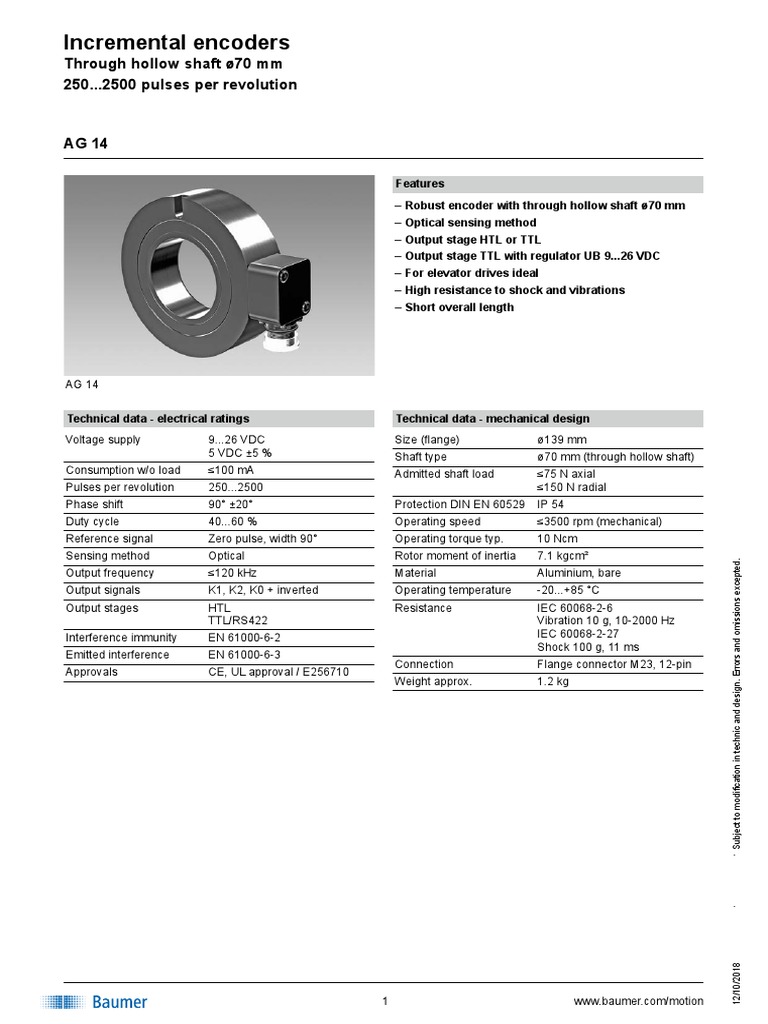 Incremental Encoders: Through Hollow Shaft Ø70 MM 250... 2500 Pulses ...