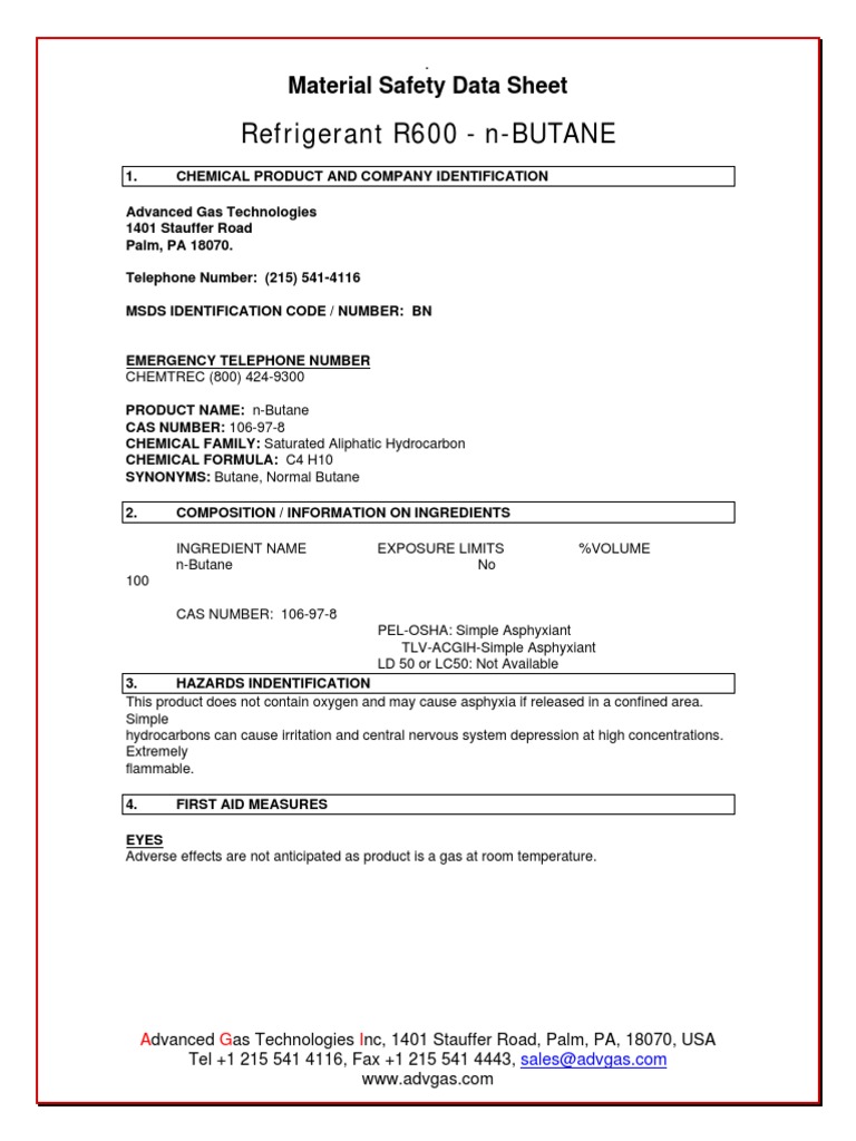 Refrigerant R600 - n-BUTANE: Material Safety Data Sheet | Download Free ...
