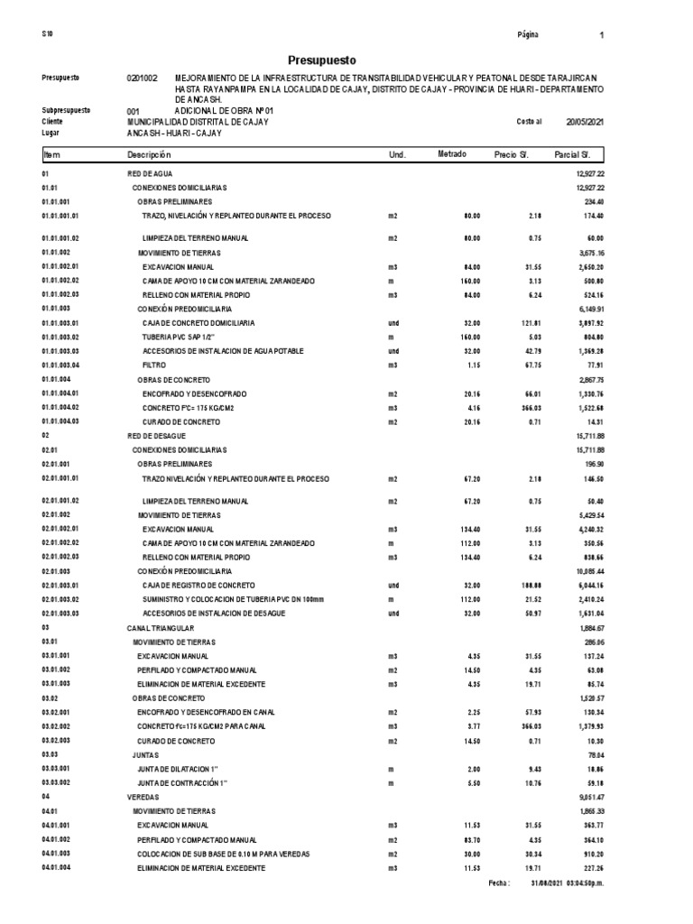 5.1 Presupuesto Adicional de Obra #01 | PDF