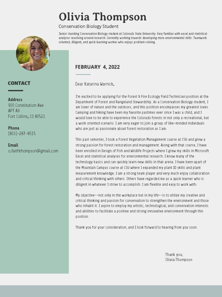 Revised Cover Letter Olivia Thompson | PDF | Cognition | Learning