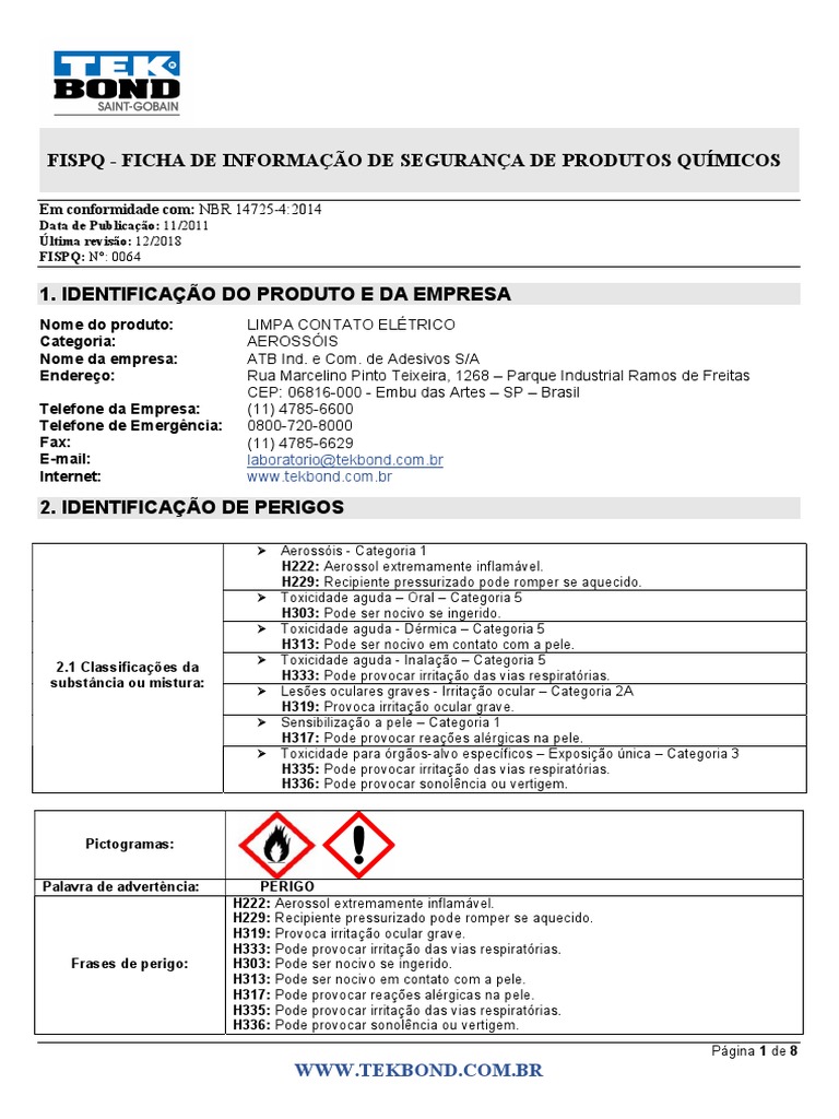 Fispq Fispq n.0064 Limpa Contato Eletrico CN Rev 12 18 Ghs - PDF Tek ...