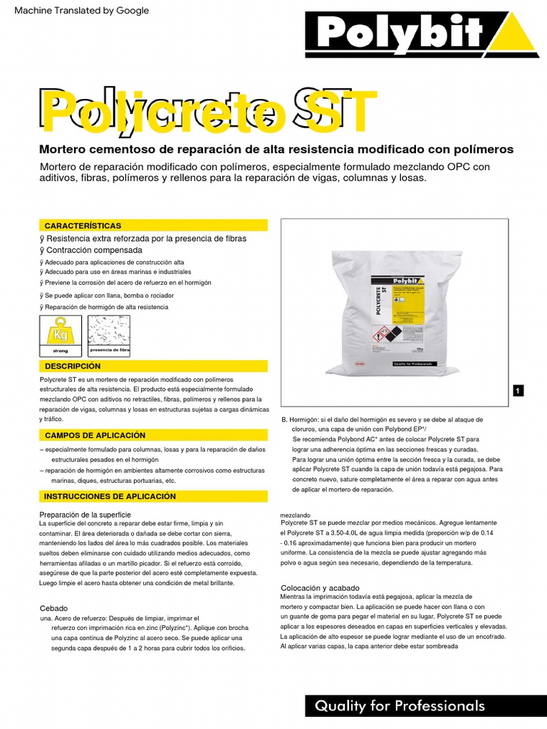 Mortero Polycrete ST para Reparación | PDF | Hormigón | Acero
