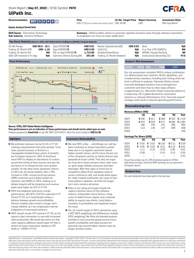 UIPath CFRA Analyst Report | PDF | Investing | Stocks