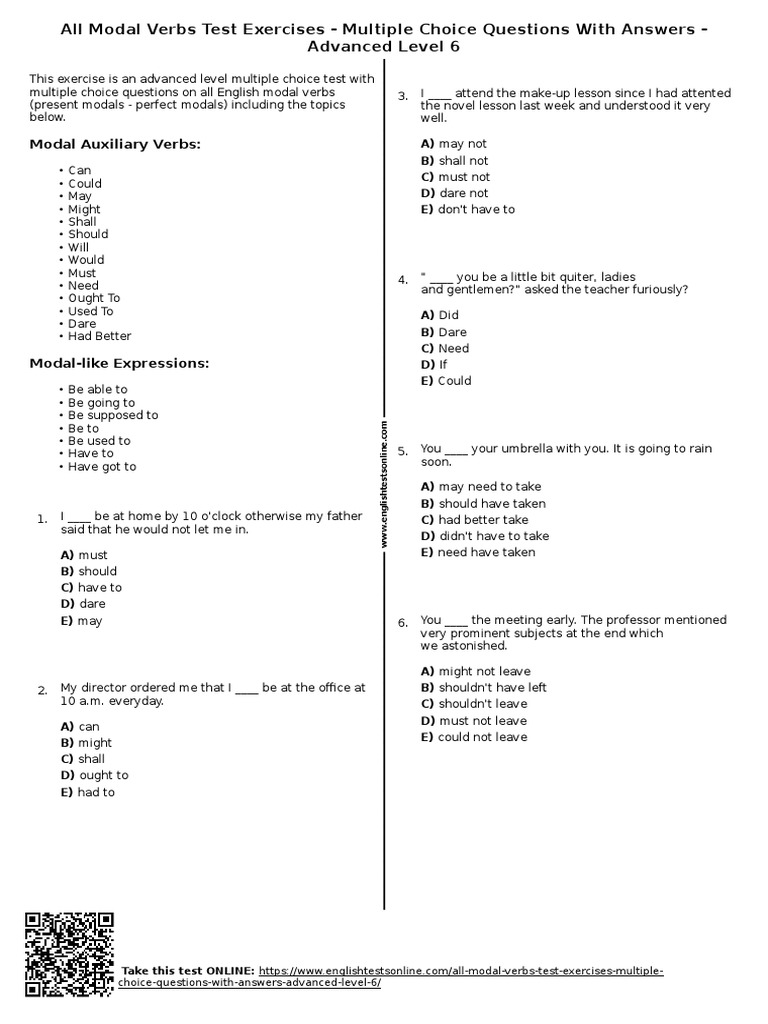 505 - All Modal Verbs Test Exercises Multiple Choice Questions With ...