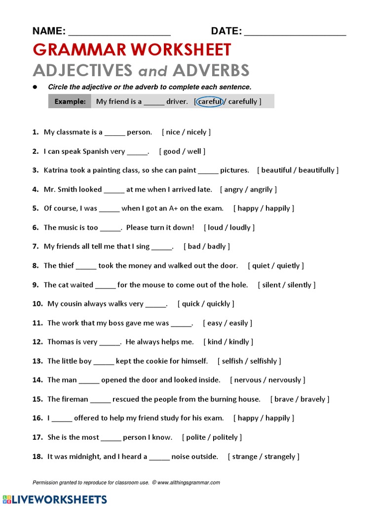 Adjectives Adverbs: Grammar Worksheet | PDF