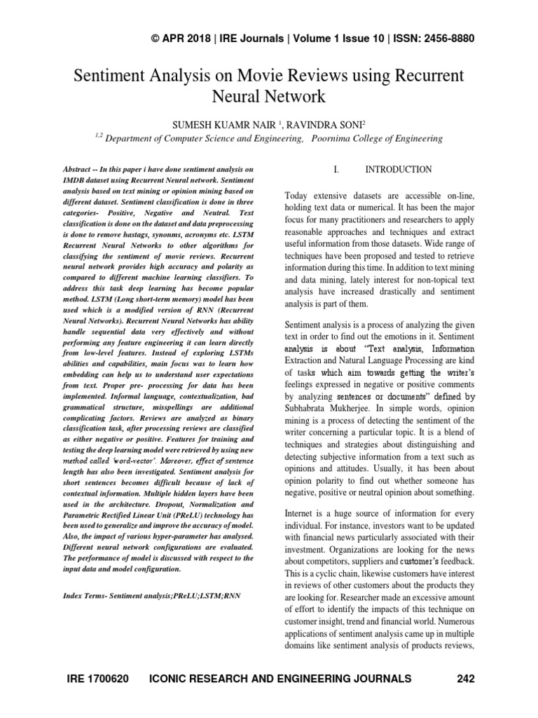 Sentiment Analysis On Movie Reviews Using Rnn Pdf Artificial Neural Network Statistical