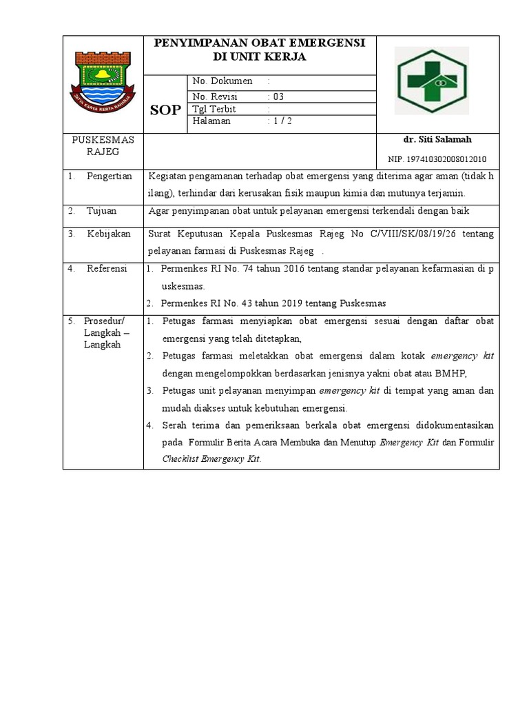 3.10.1.6 Sop Penyimpanan Obat Emergency Di Unit Kerja | PDF