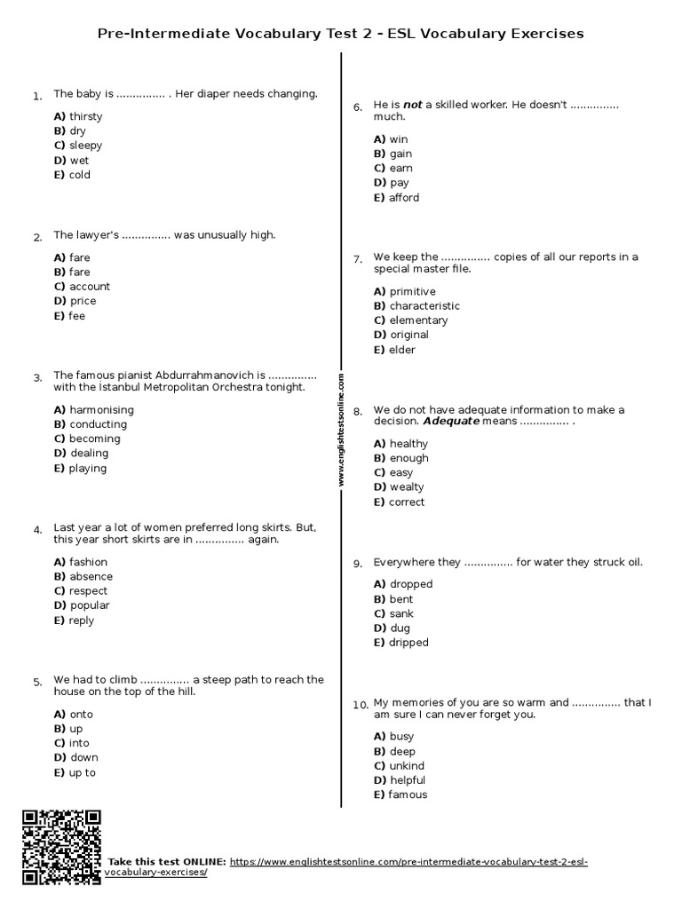 Pre-Intermediate Vocabulary Test 2 - ESL Vocabulary Exercises | PDF
