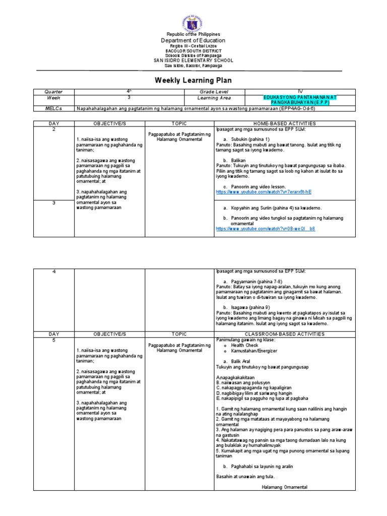 Weekly Learning Plan - EPP - Q4 - WK - 3 | PDF