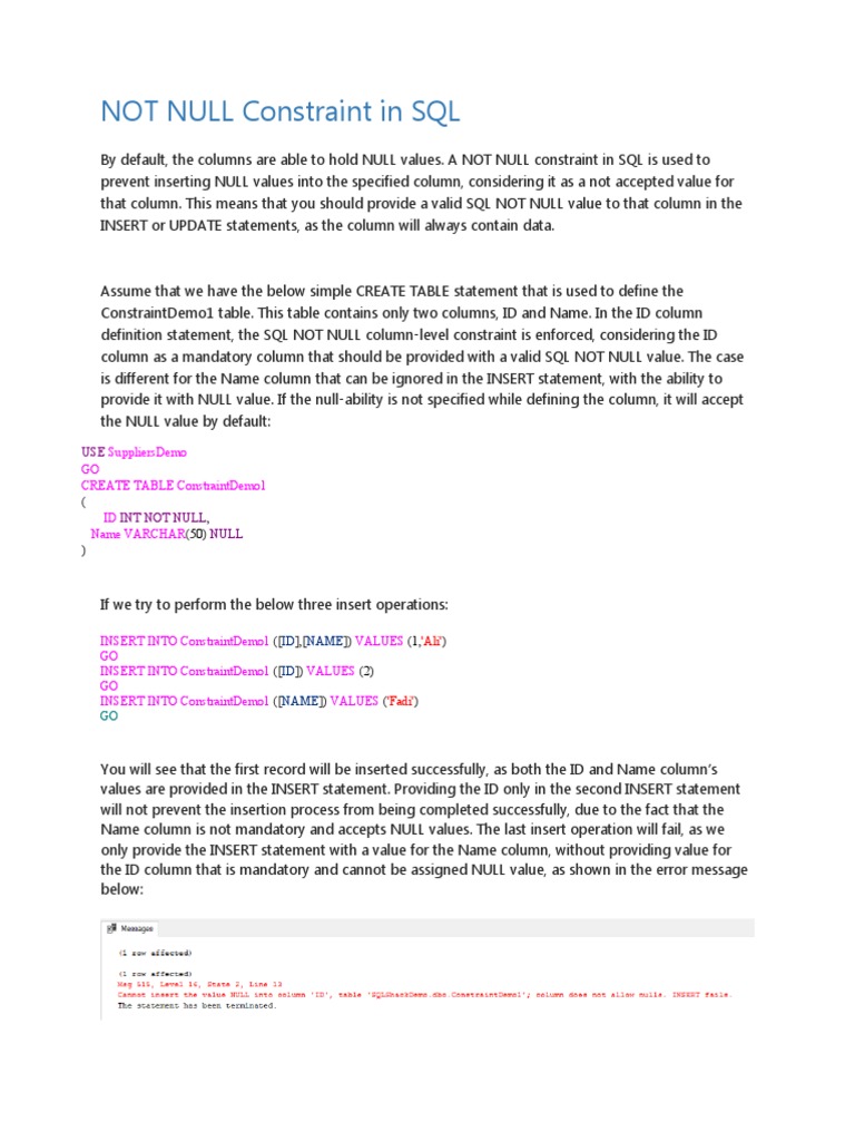 NOT NULL Constraint in SQL | PDF | Computer Data | Computer Science