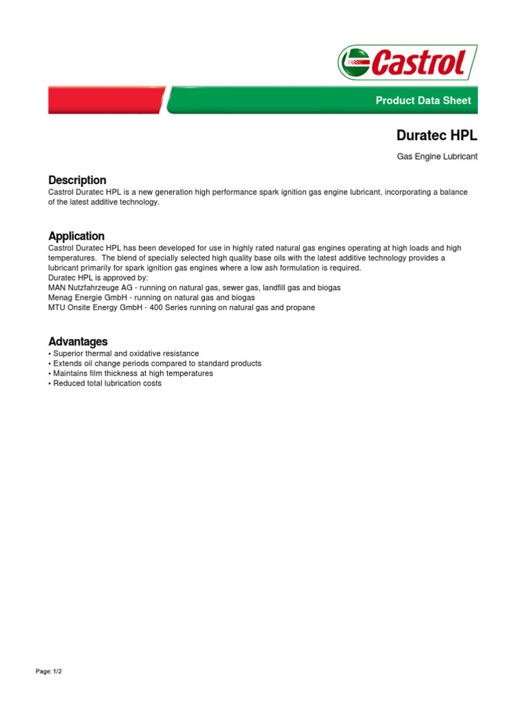 Castrol Duratec HPL Gas Engine Oil | PDF | Motor Oil | Materials