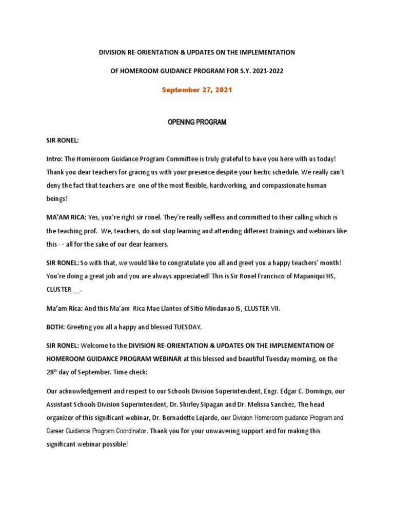 Script HGP Division Orientation | PDF | School Counselor | Teachers