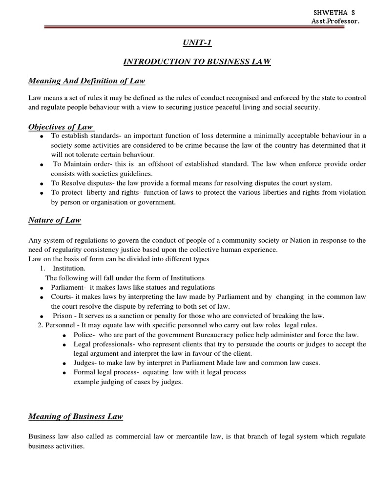 UNIT-1 Introduction To Business Law Meaning and Definition of Law | PDF ...
