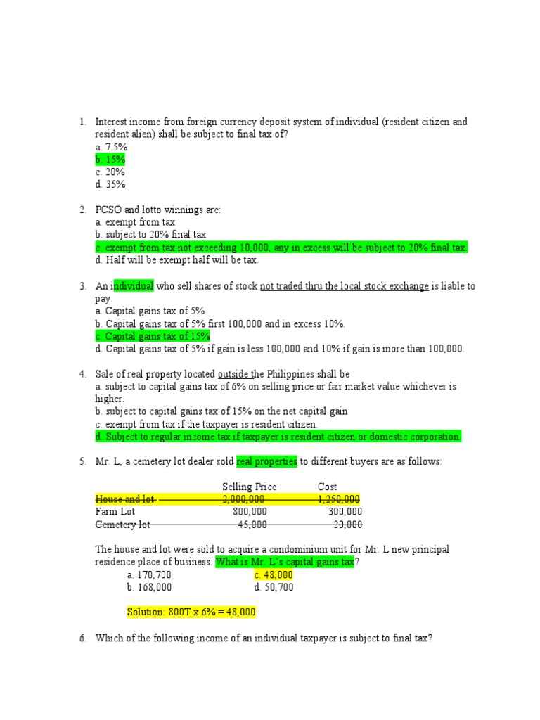 5.2 Answer Key - FWT and CGT | PDF | Capital Gains Tax | Taxes