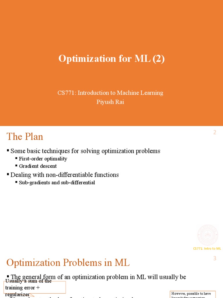 Optimization For ML (2) : CS771: Introduction To Machine Learning ...
