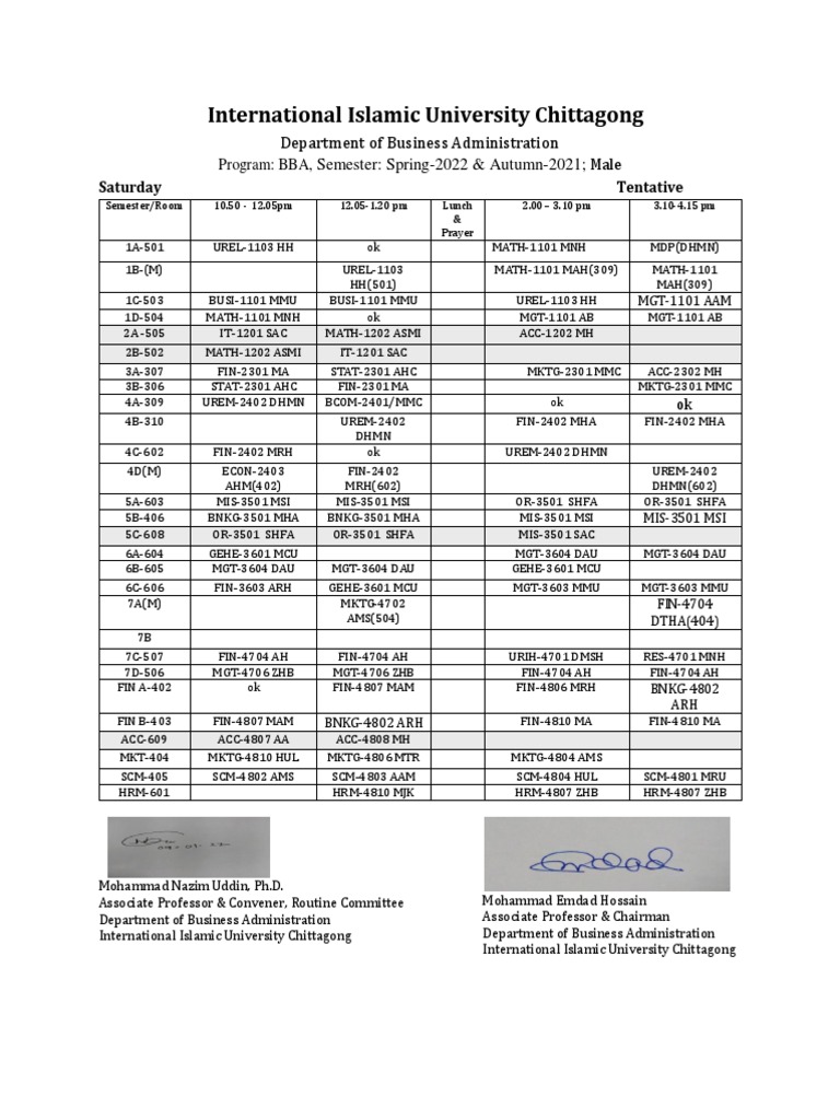 BBA, Class Routine (Male) | PDF