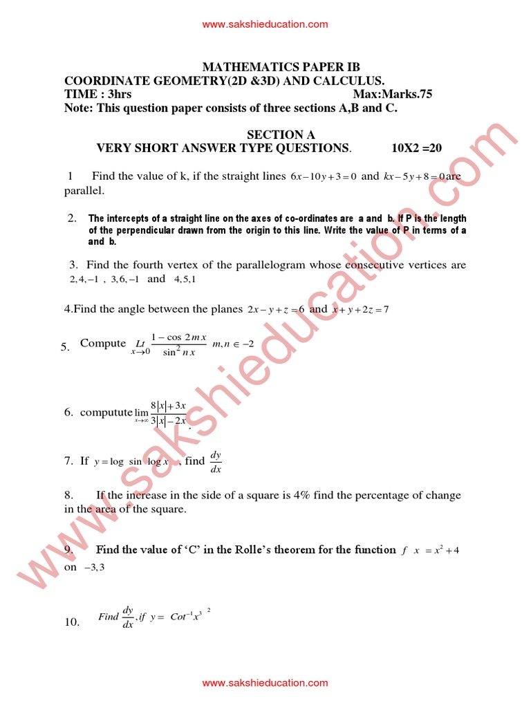 Mathematics Paper Ib Coordinate Geometry (2D &3D) and Calculus. TIME ...