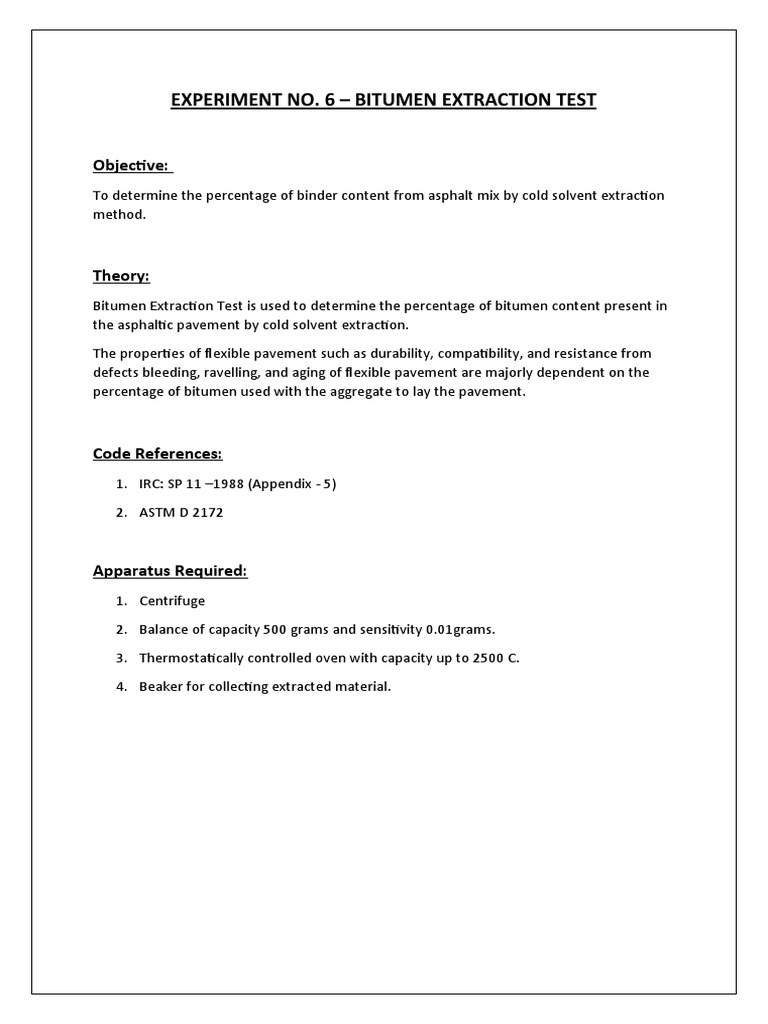 Experiment No. 6 - Bitumen Extraction Test: Objective | PDF | Asphalt ...