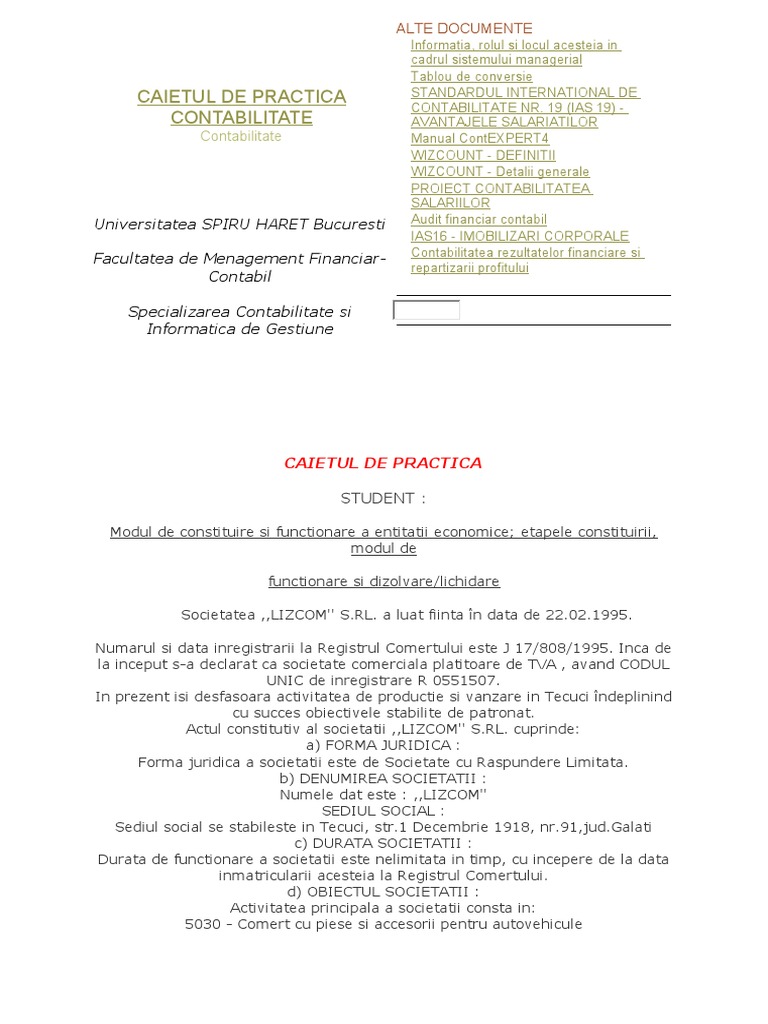 Caietul de Practica Contabilitate | PDF