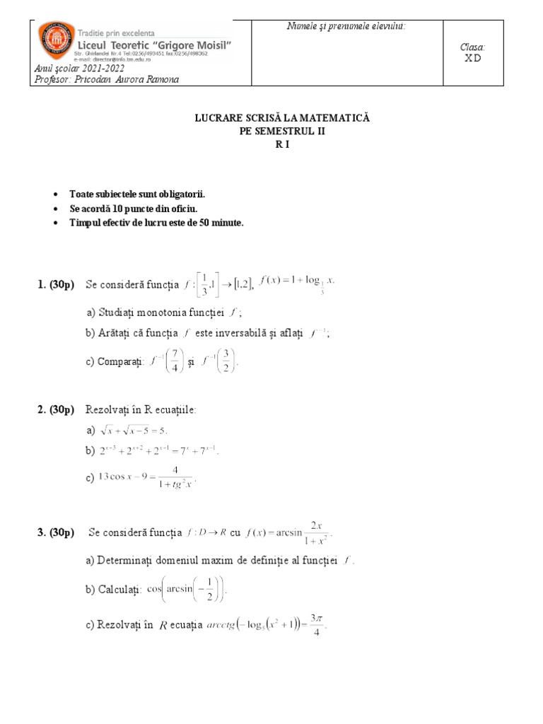 Teza cls10 Sem2 2022 | PDF