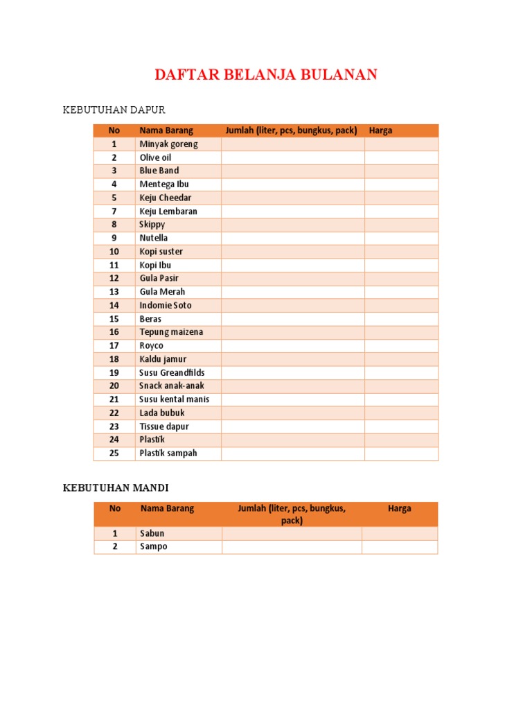 Daftar Belanja Bulanan | PDF