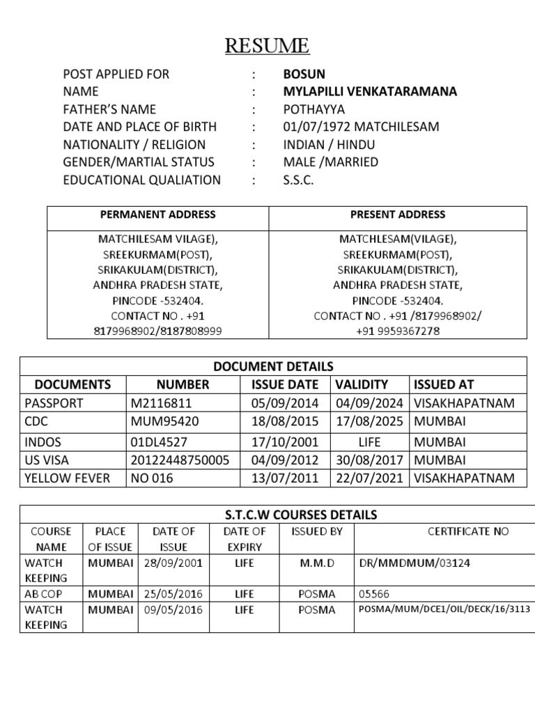 Resume: Bosun Mylapilli Venkataramana | Download Free PDF | Water ...
