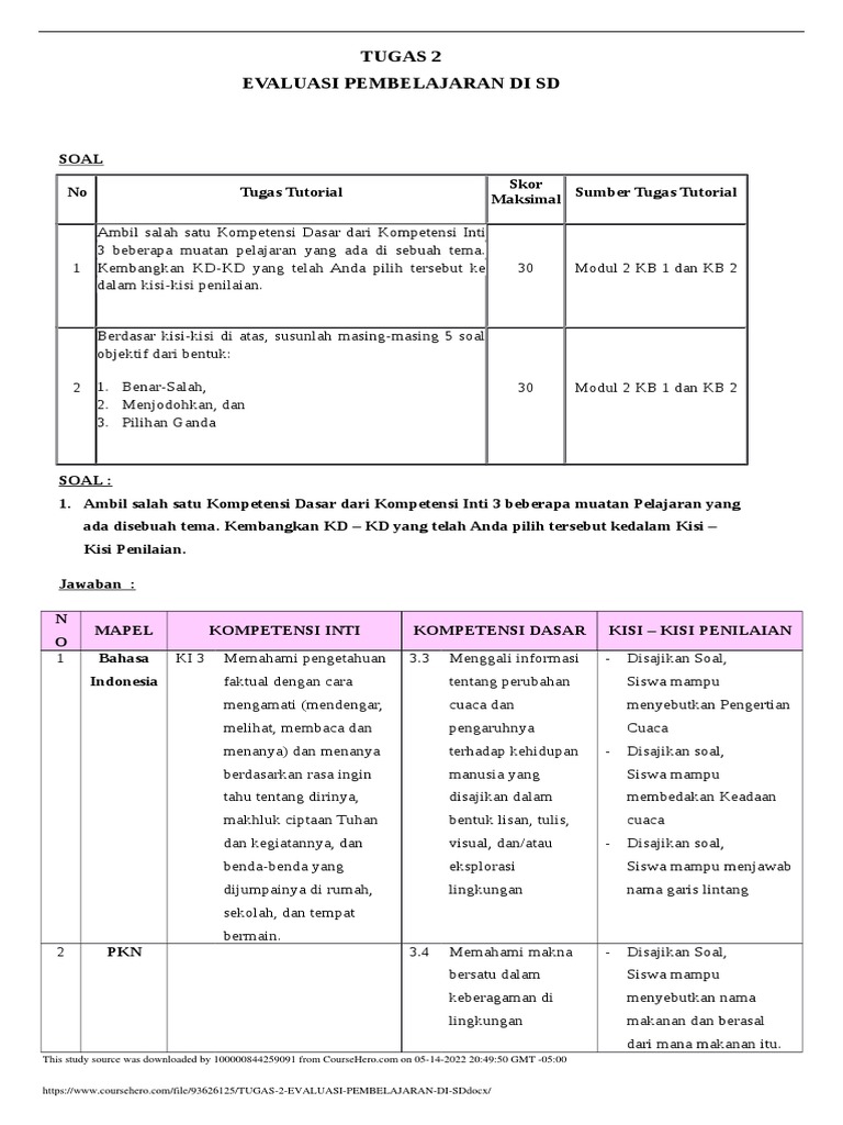 Tugas 2 Evaluasi Pembelajaran Di SD | PDF