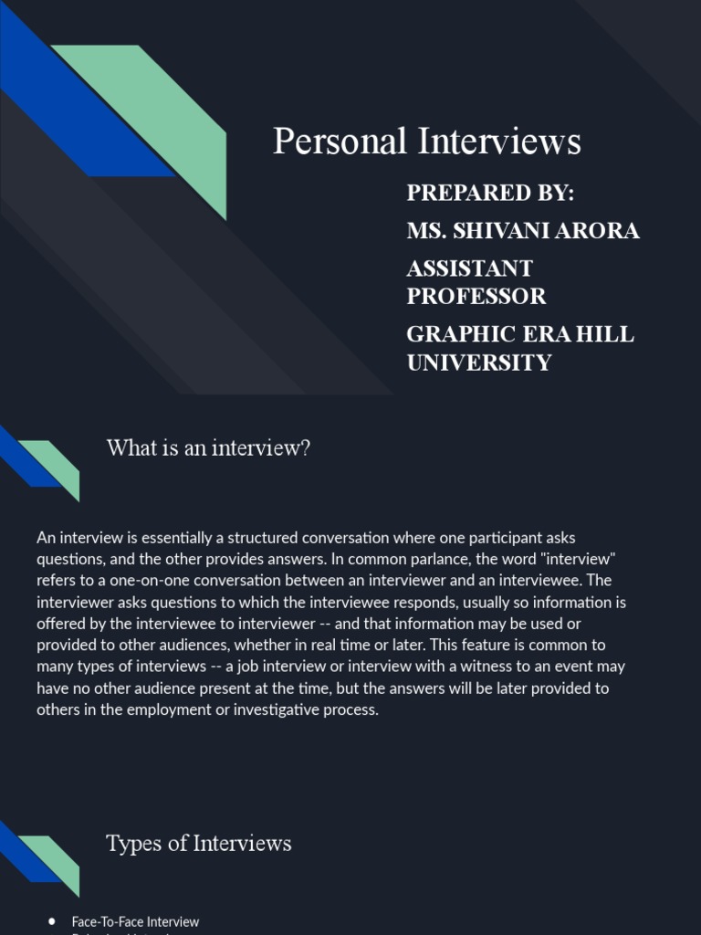 Personal Interviews: Prepared By: Ms. Shivani Arora Assistant Professor ...