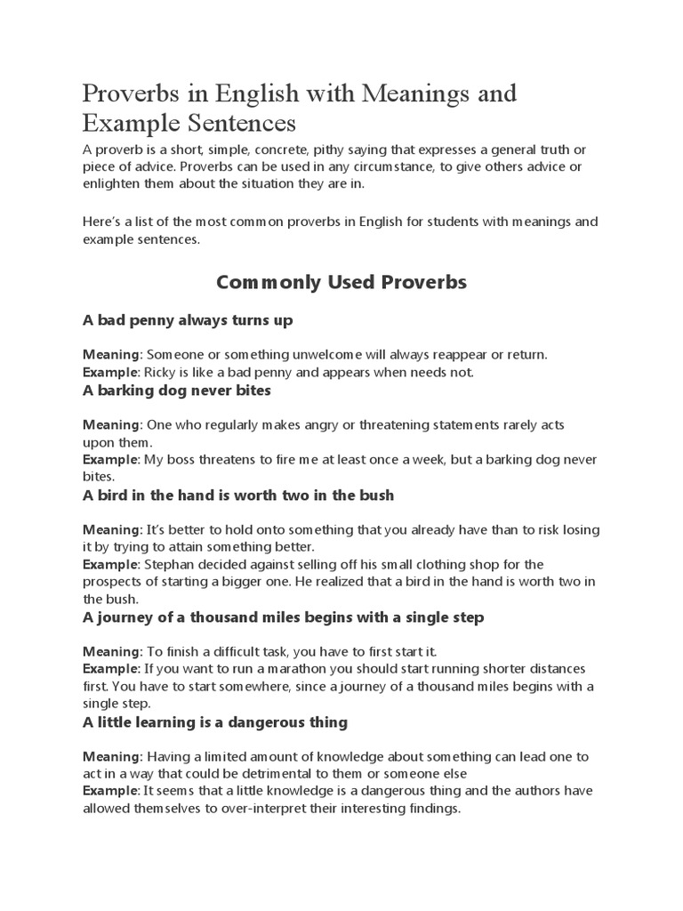 Proverbs in English With Meanings and Example Sentences | PDF | Proverb