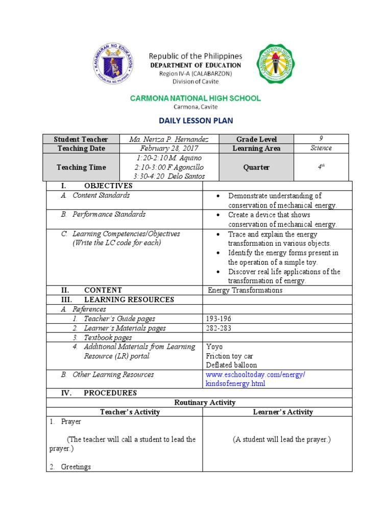 Daily Lesson Plan: Student Teacher Grade Level Teaching Date Learning ...