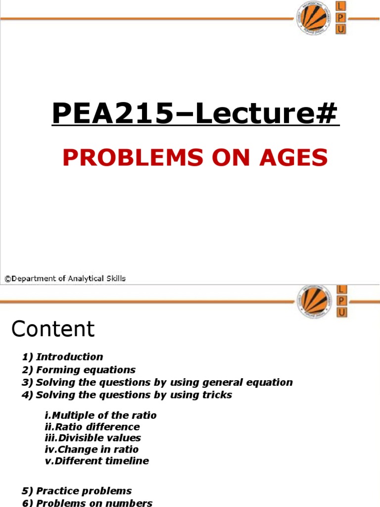 PEA215-Lecture#: Problems On Ages | PDF | Equations | Mathematical Concepts