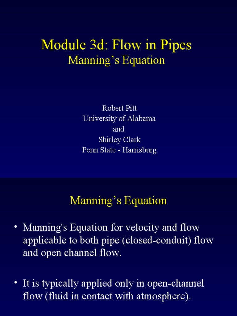 Module 3d: Flow in Pipes: Manning's Equation | PDF | Chemical ...