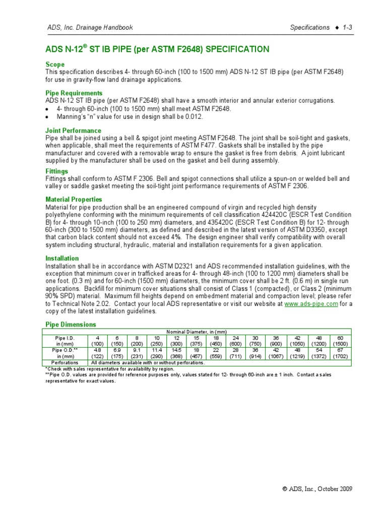 ADS N-12 ST Ib Pipe (Per Astm F2648) Specification: Scope | PDF | Pipe ...