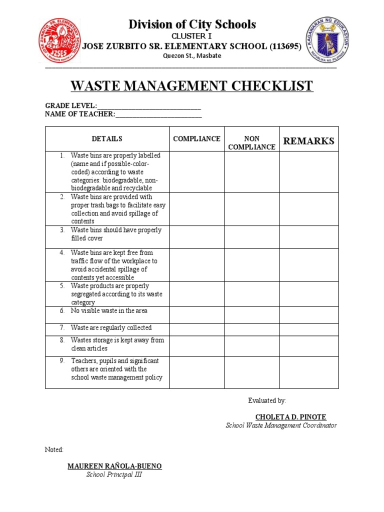 Waste Management Checklist: Division of City Schools | PDF