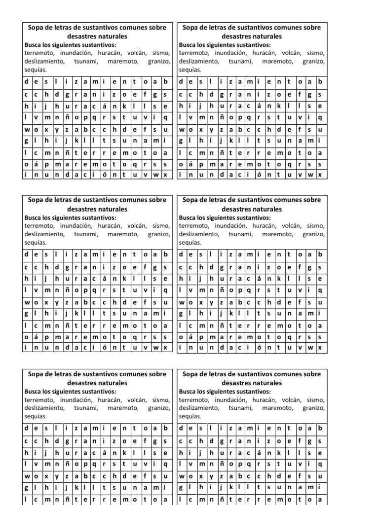 Sopa de Letras de Sustantivos Comunes Sobre Desastres Naturales