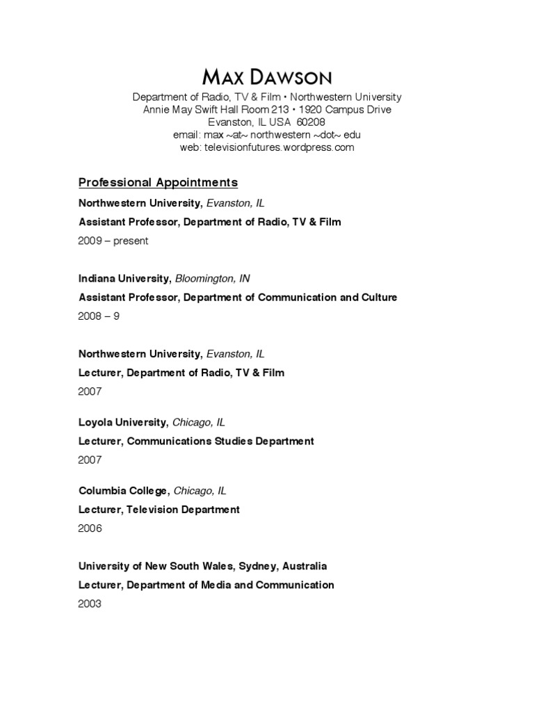 CV / Max Dawson / Northwestern University | PDF | Television | Digital ...