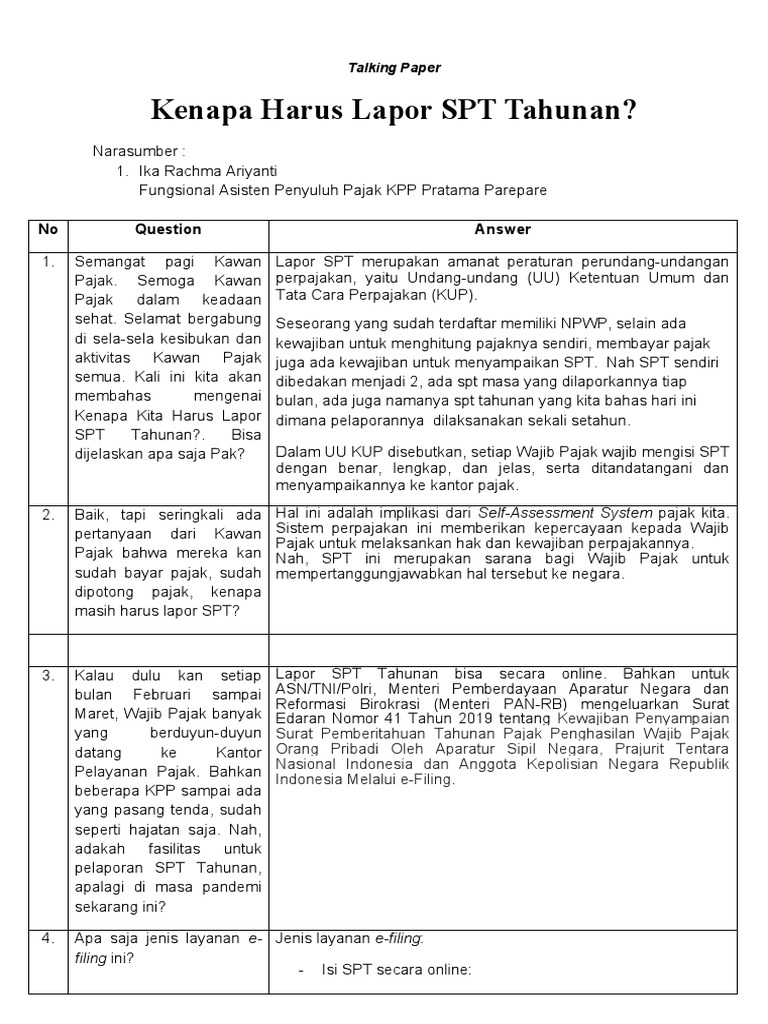 Talking Paper Kenapa Harus Lapor SPT 2 | PDF