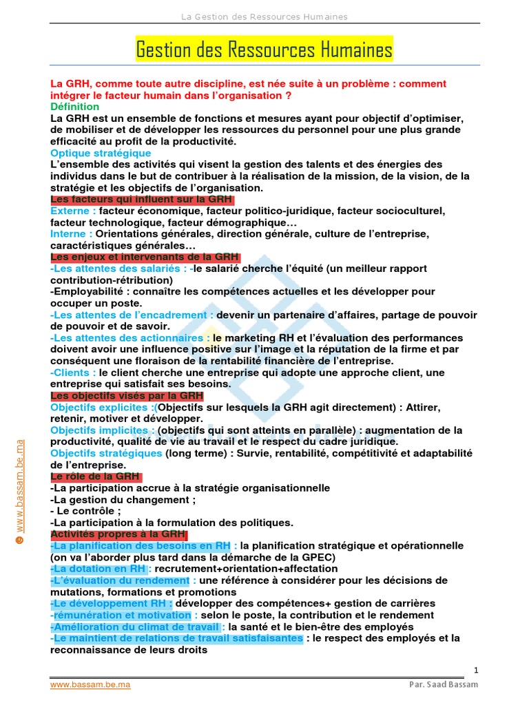 GRH Resumé | Descargar gratis PDF | Gestion des ressources humaines | Recrutement
