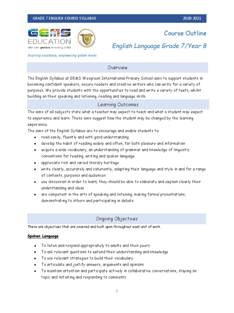 Grade 7 English Syllabus 2020-2021 | PDF | Vocabulary | English Language